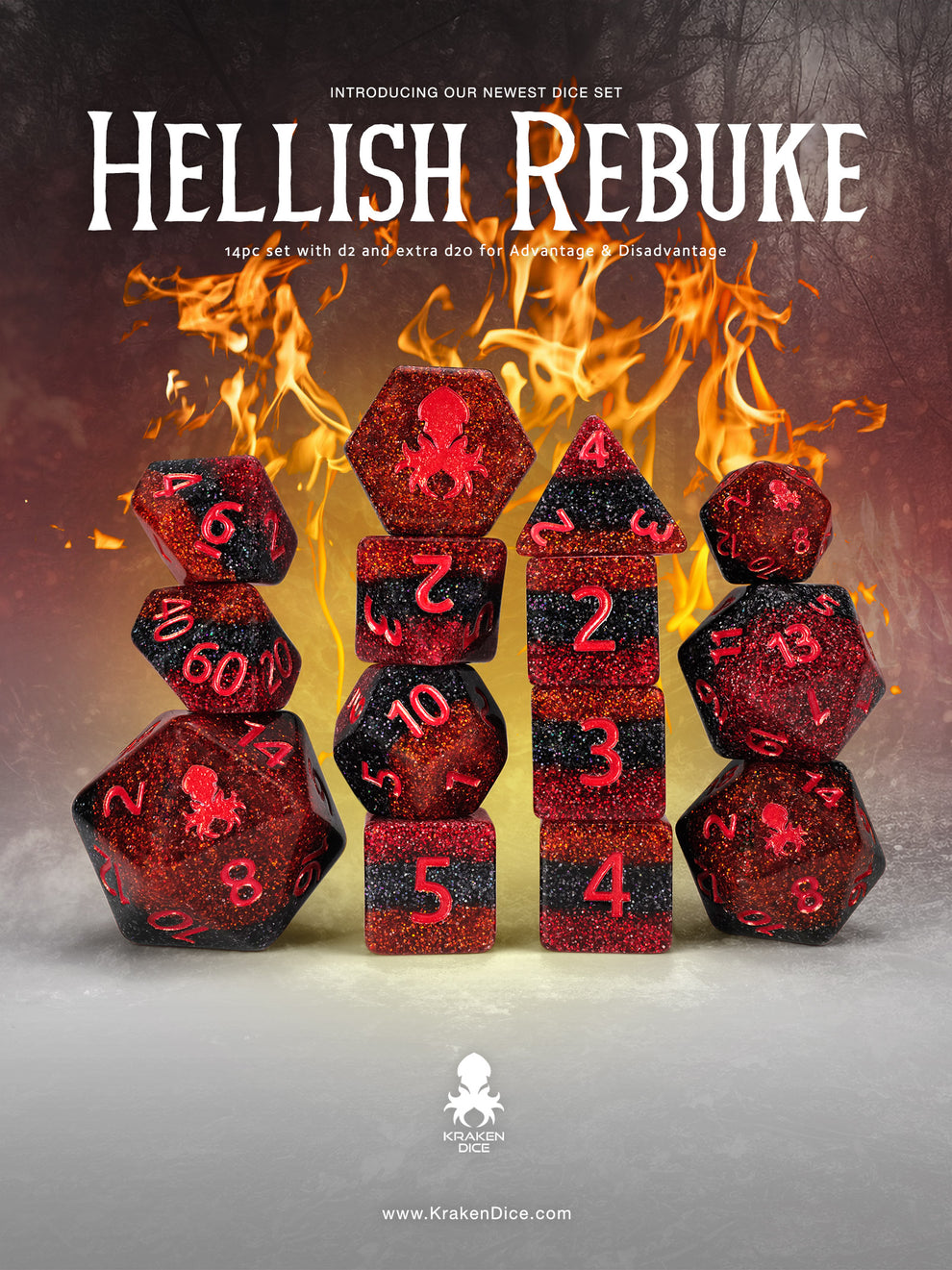 Hellish Rebuke 14pc Dice Set Inked in Red – Kraken Dice