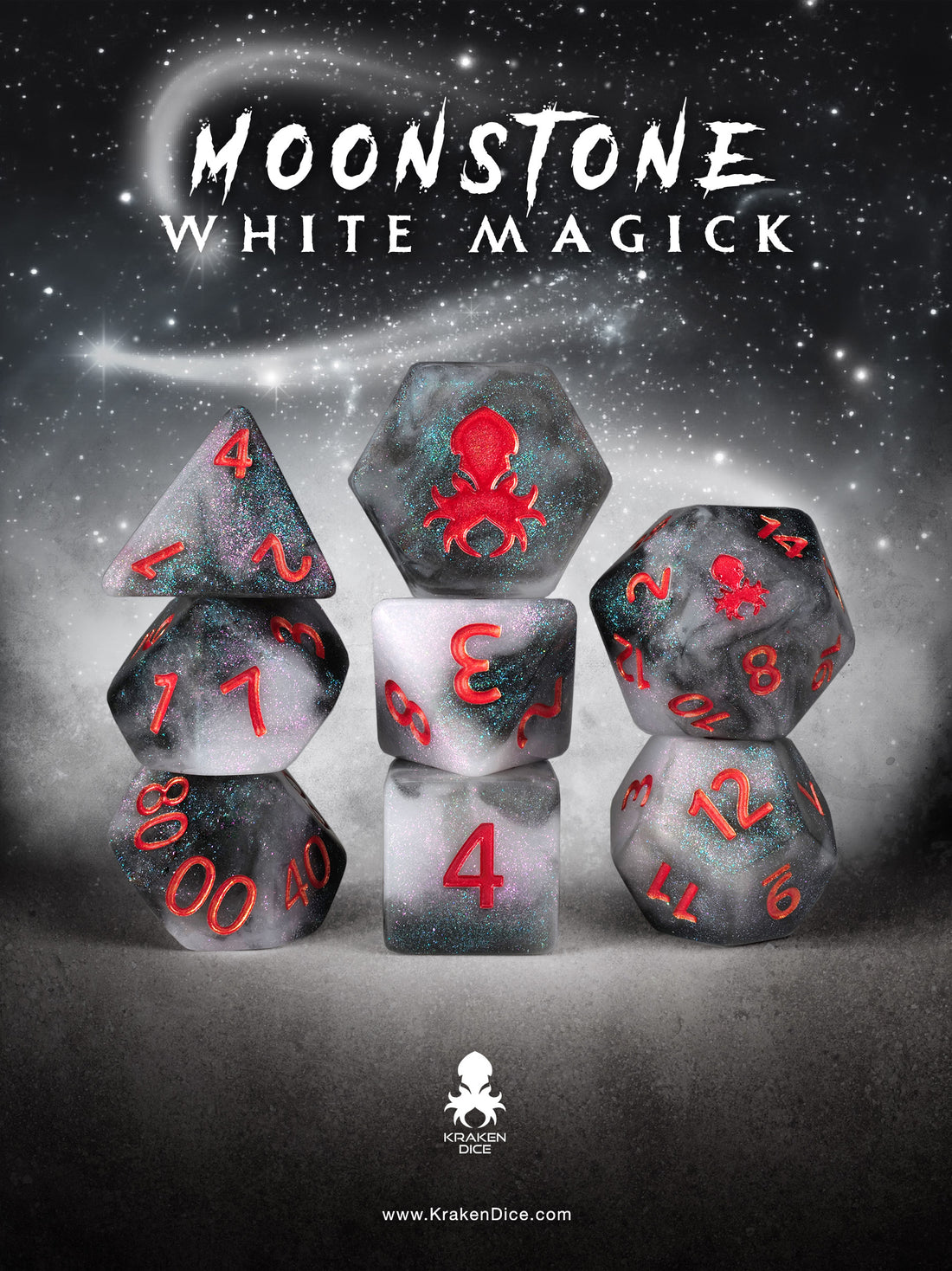 Moonstone White Magick 8pc Dice Set inked in Red – Kraken Dice
