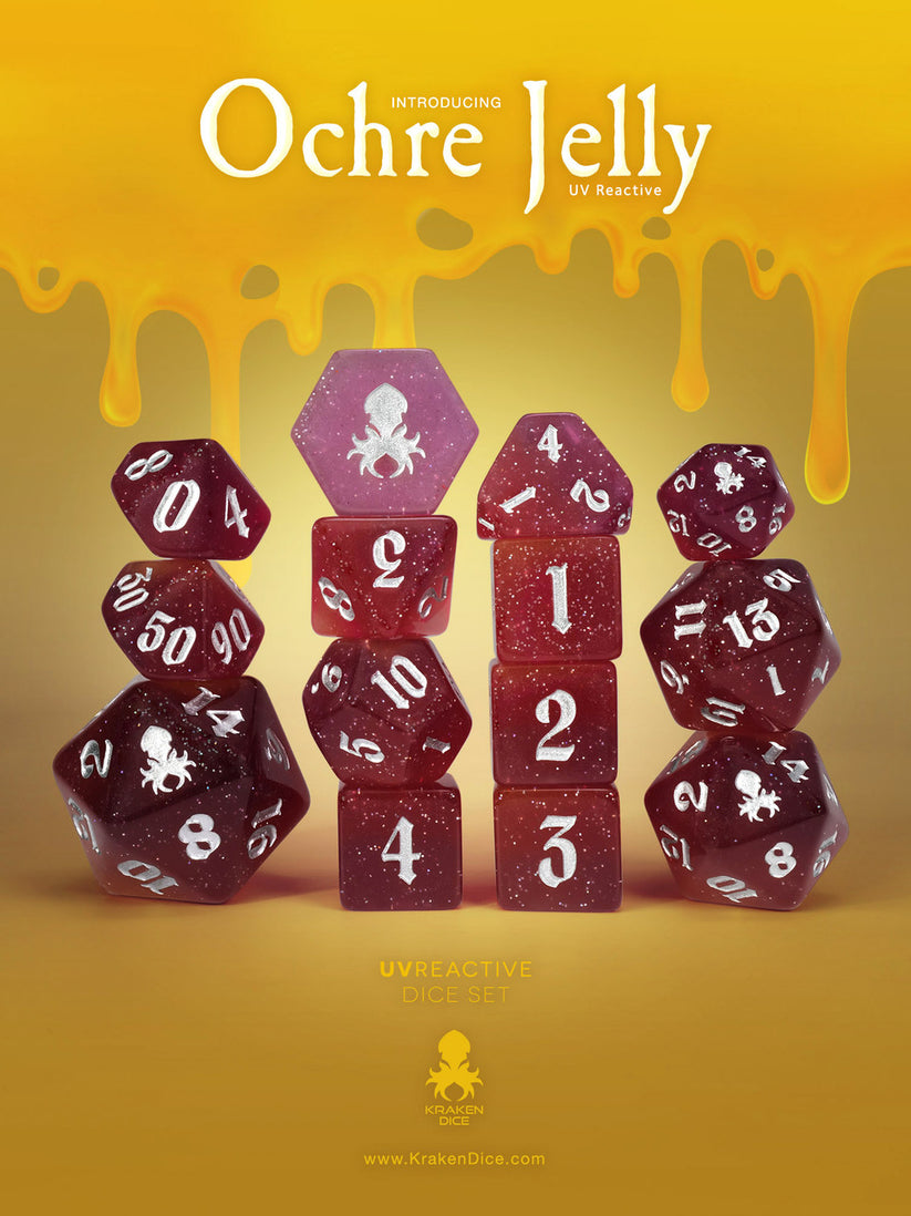 Ochre Jelly UV Reactive 14pc Dice Set inked in Silver – Kraken Dice