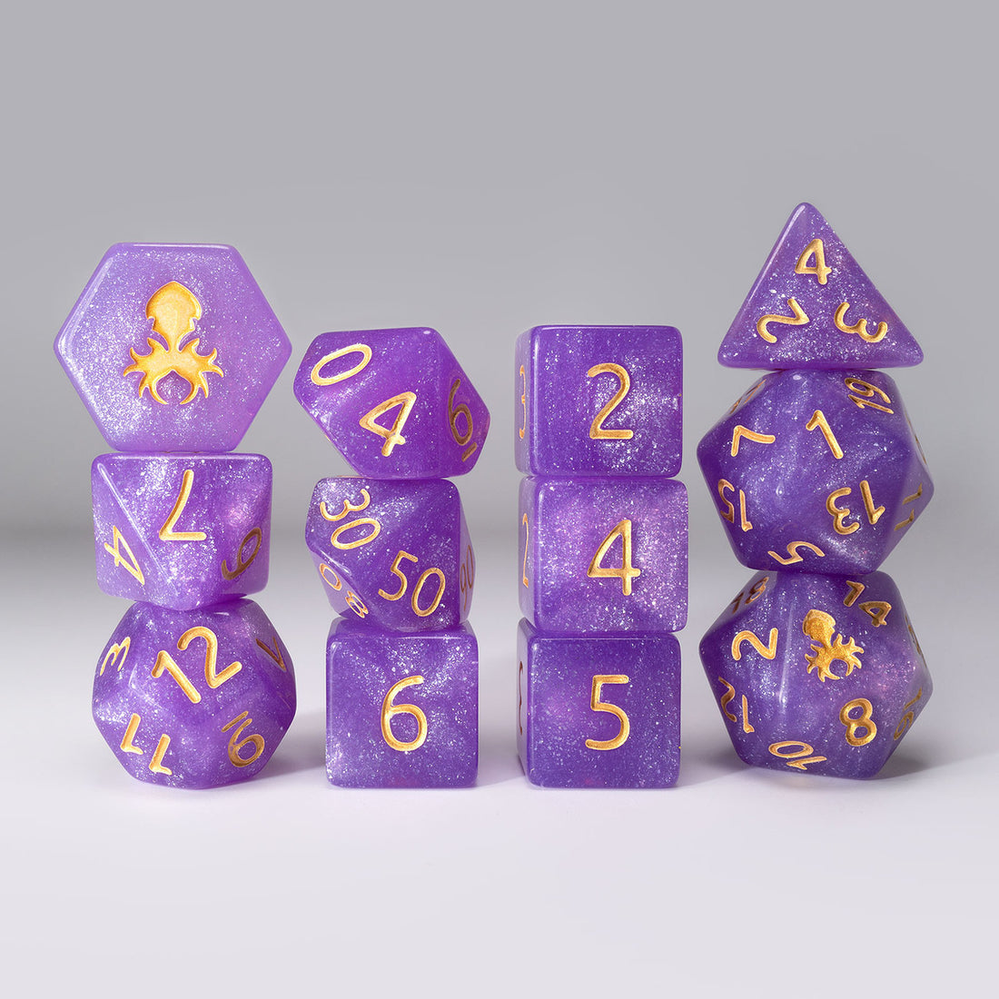 Purple Reins 12pc Glimmer RPG Dice Set with Gold Ink – Kraken Dice