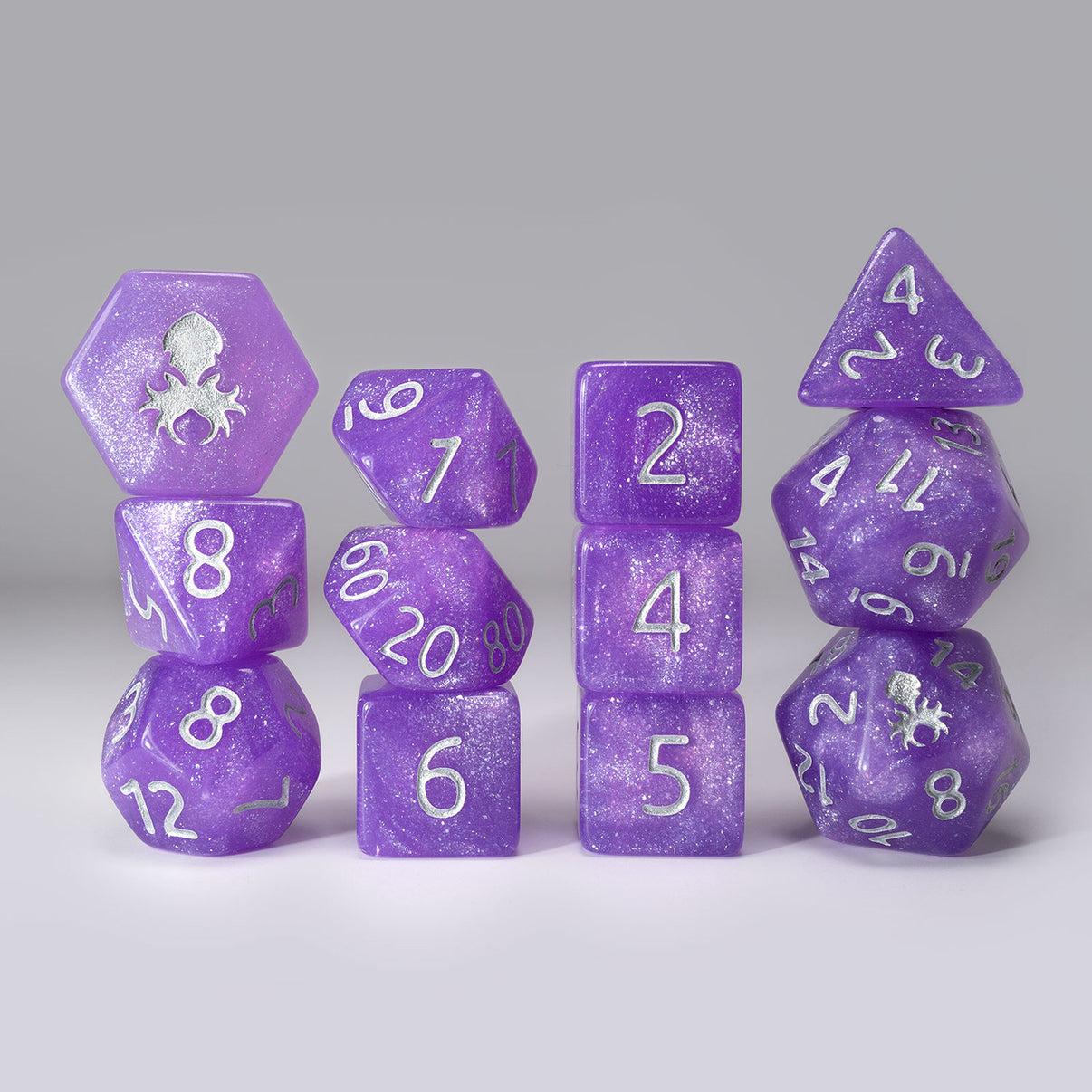 Purple Reins 12pc Glimmer RPG Dice Set with Silver Ink – Kraken Dice