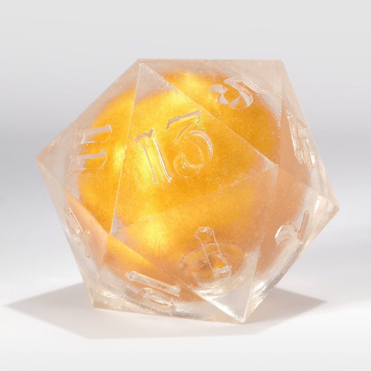 RAW 34mm Clear Liquid Core Gold Glitter Single D20 – Kraken Dice