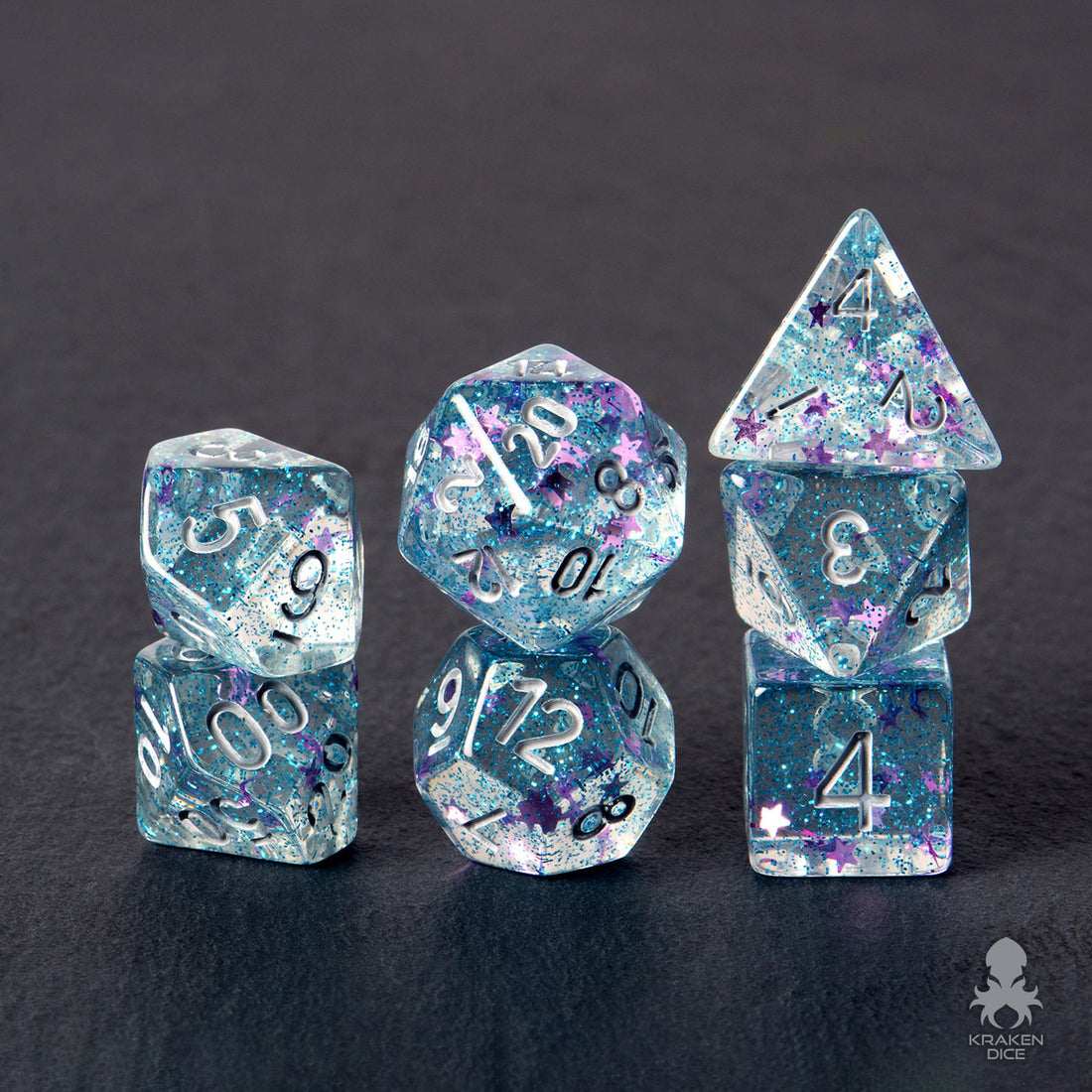 Starlight Wish Blue Glitter and Purple Stars 7pc Polyhedral Dice Set – Kraken Dice