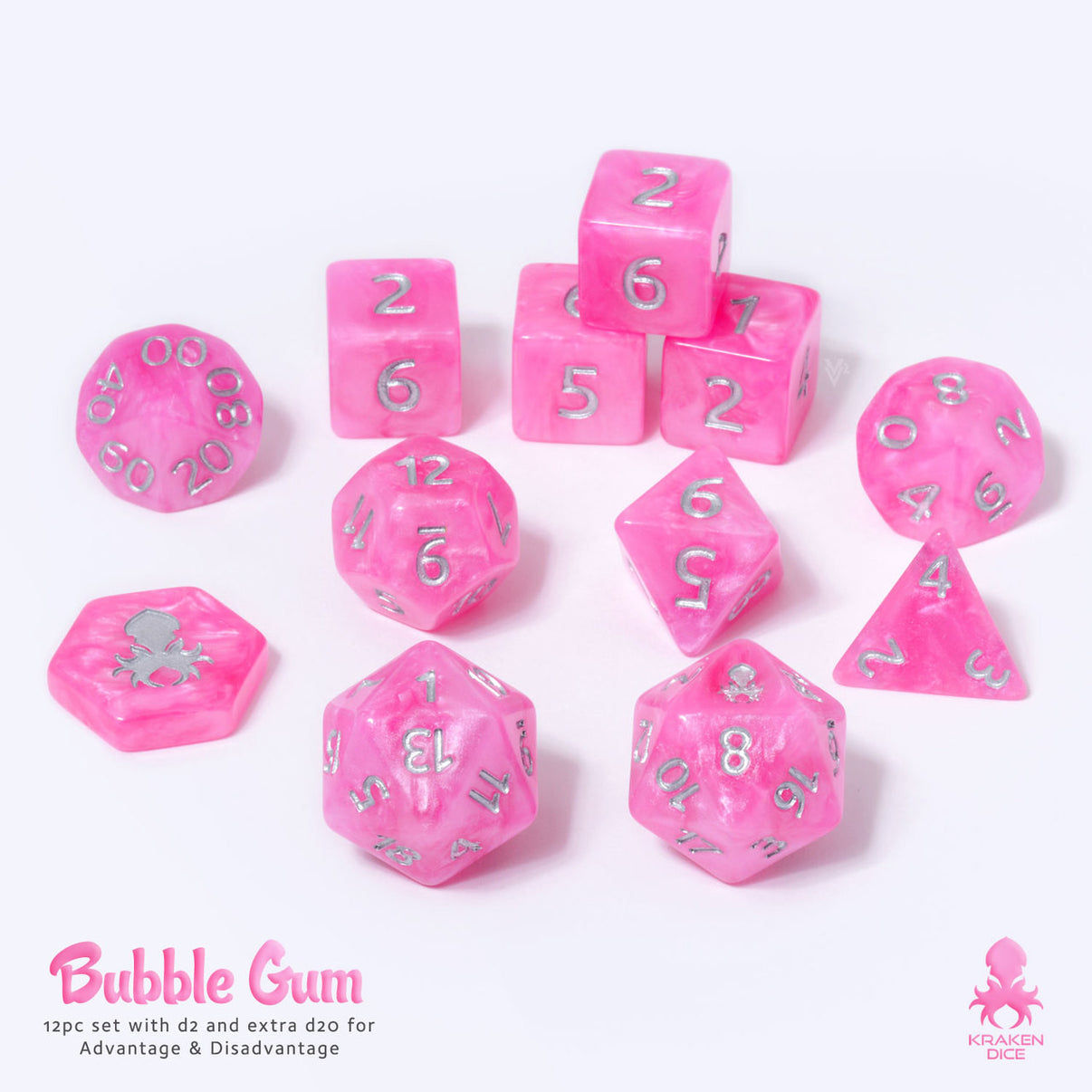 Bubble Gum 14pc DnD Dice Set Inked in Silver – Kraken Dice